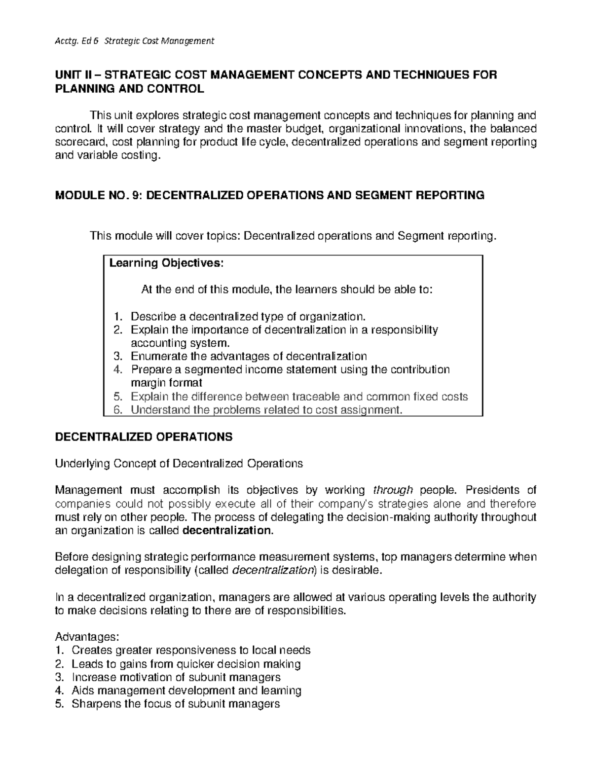 Module No Module No 9 Decentralized Operations And Segment Reporting Unit Ii Strategic
