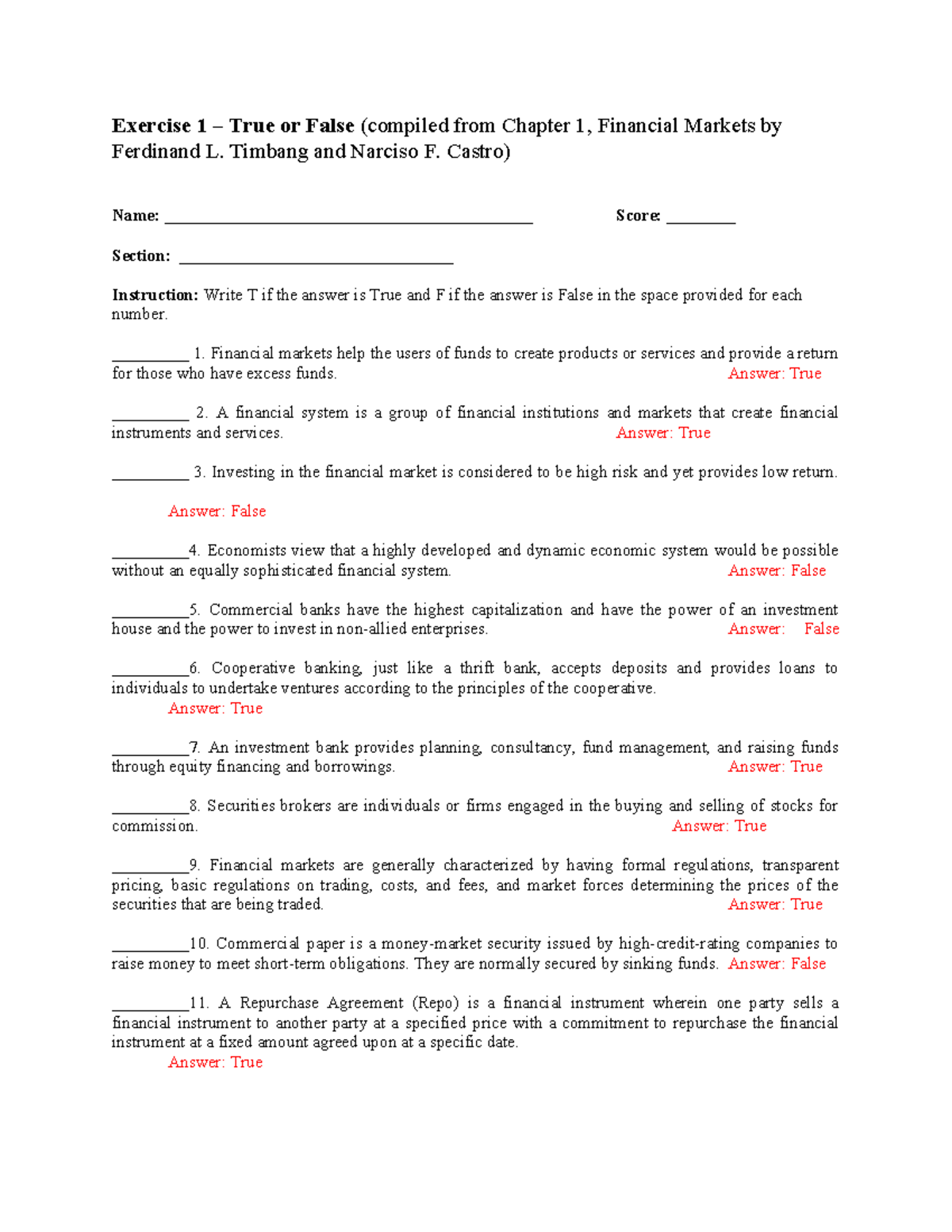 Exercise 1 & Multiple Choice Answers for Intro to Financial Markets ...