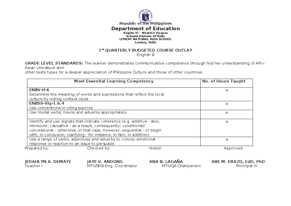 1st Quarterly Budgeted Course Outlay for English 8 & 10 - Region VI ...