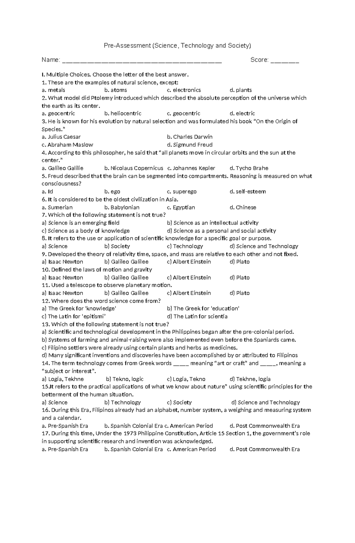 Pre-Assessment Quiz: Science, Technology and Society (STS) - Studocu