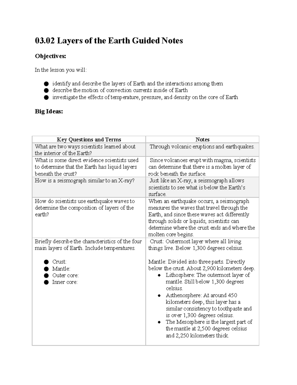 03 02 notes - 03 Layers of the Earth Guided Notes Objectives: In the ...