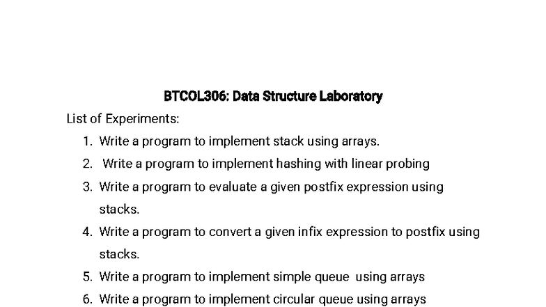 BTCOL306: Data Structure Lab Experiments Overview - Studocu