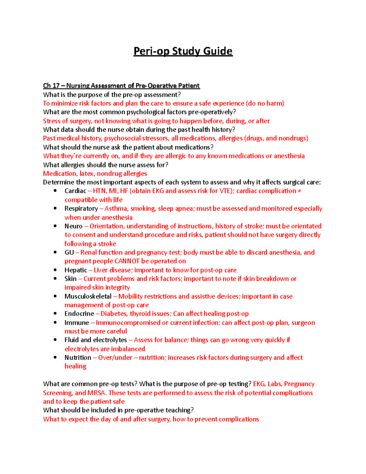Periop Study Guide for Nursing Assessment, Care & PostOp Management ...