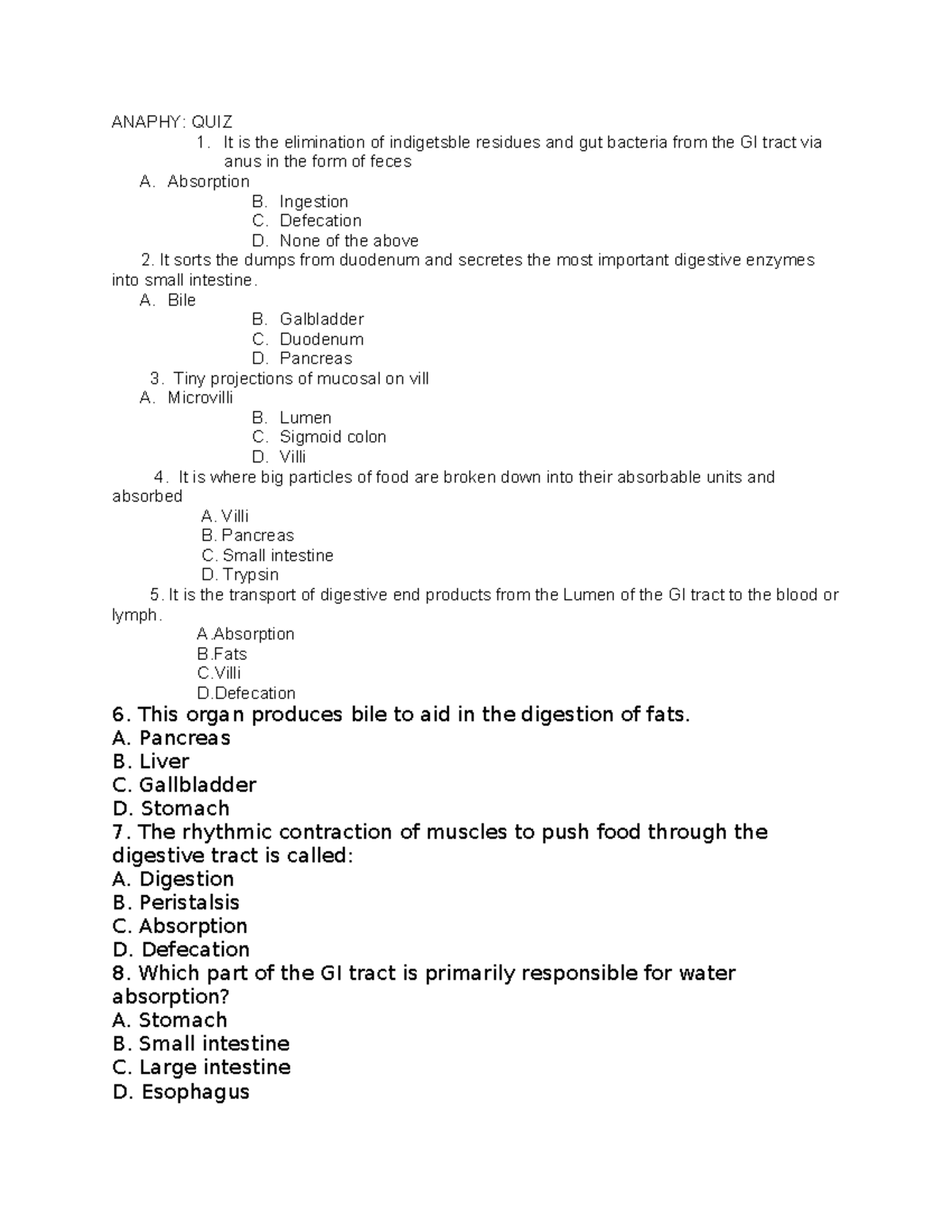 ANAPHY: QUIZ 1 - GI Tract Functions and Processes - Studocu