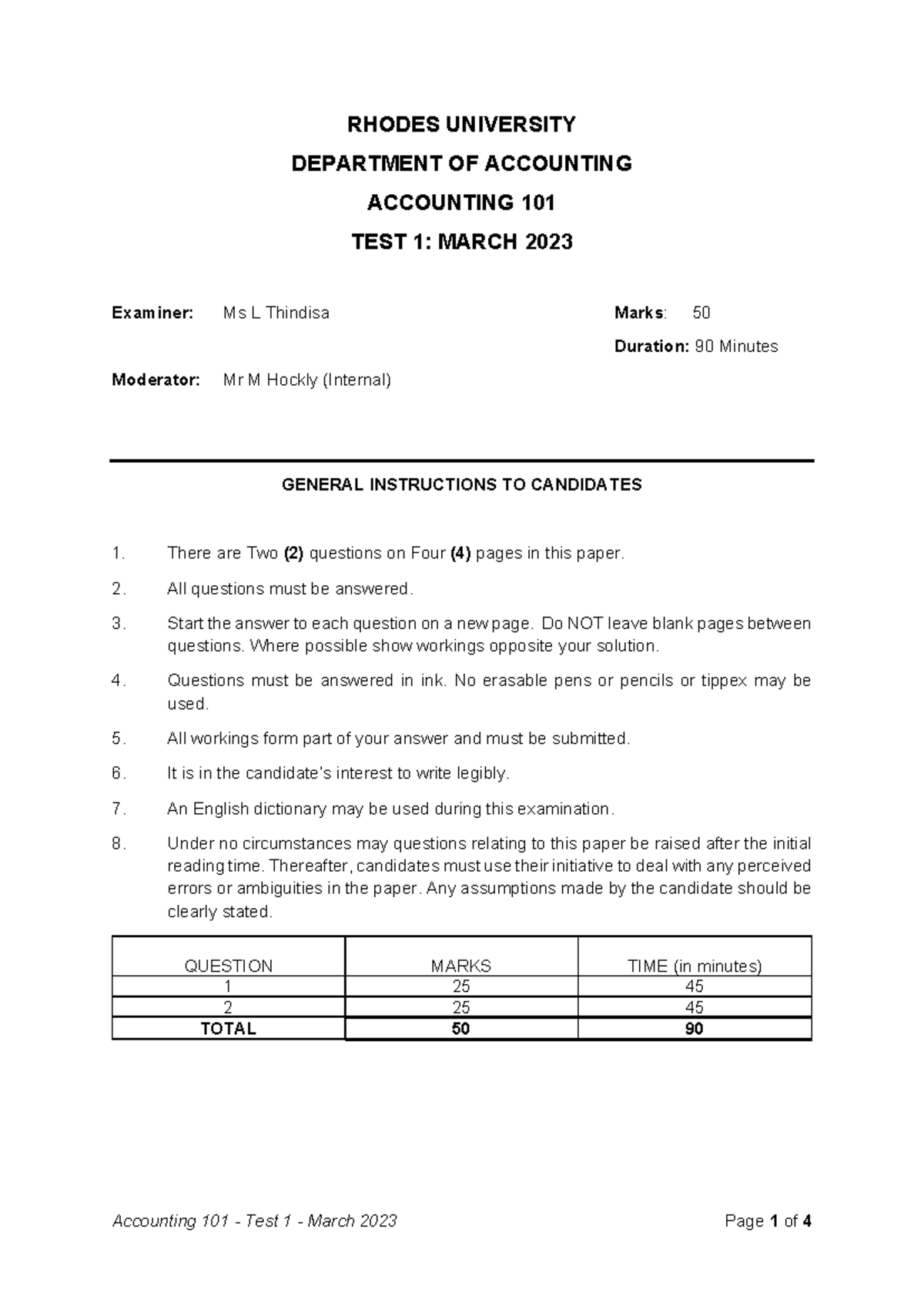 Acc 101 Test 1 Past Paper - March 2023 Exam Details and Questions - Studocu
