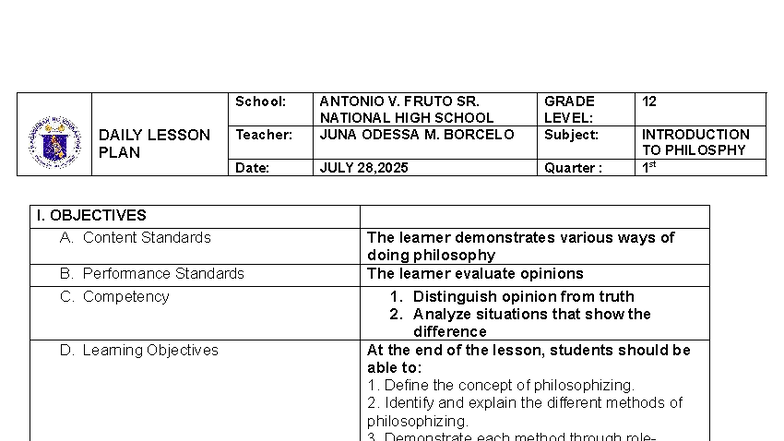 Detailed Lesson Plan: Introduction to Philosophy (Grade 12) - July 28 ...