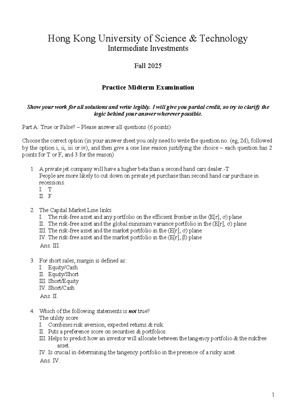 Practice Midterm Solutions for Intermediate Investments (FALL 2025) - Studocu