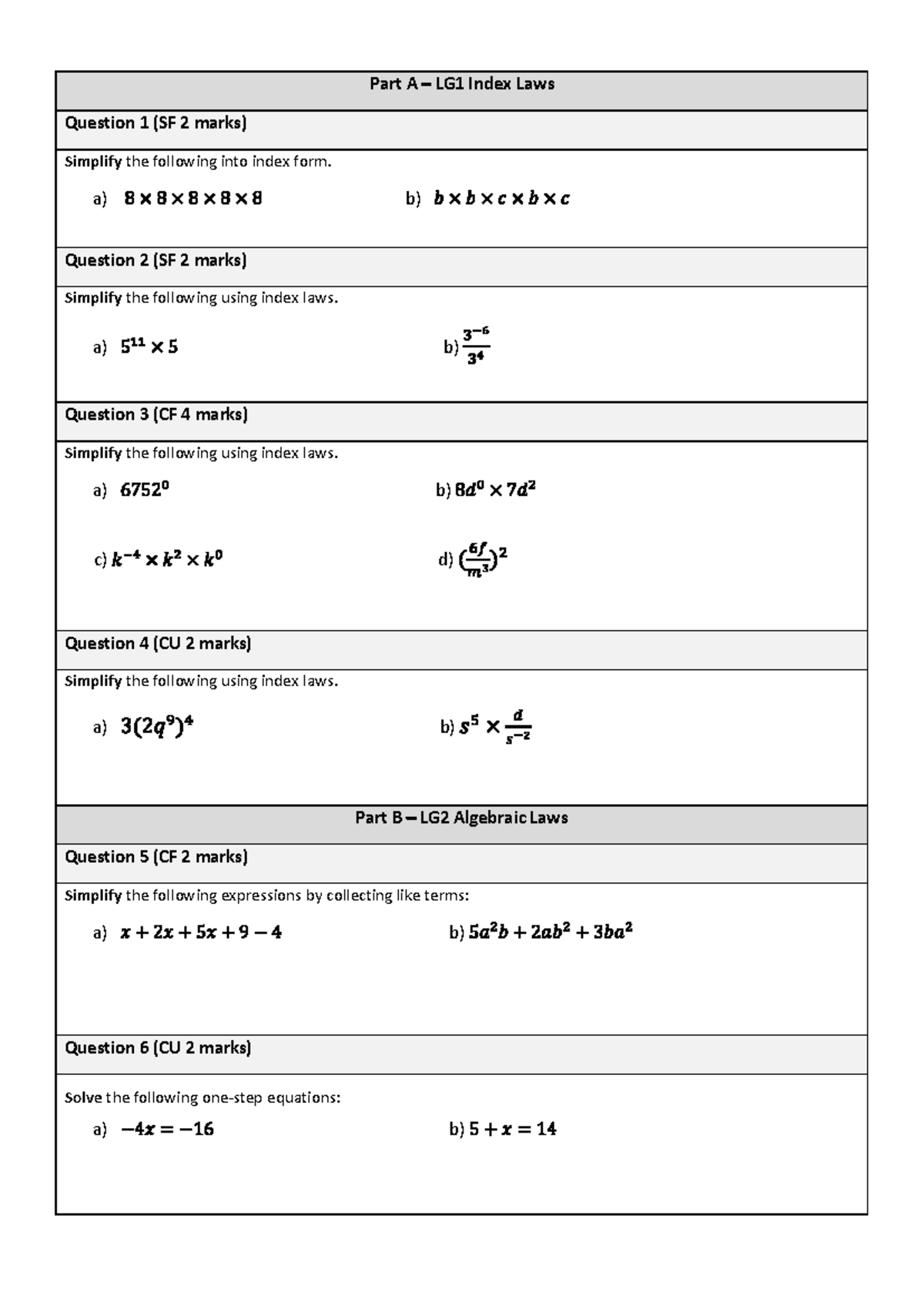 Year 9 Algebra Practice Exam 1: Index & Algebraic Laws - Studocu