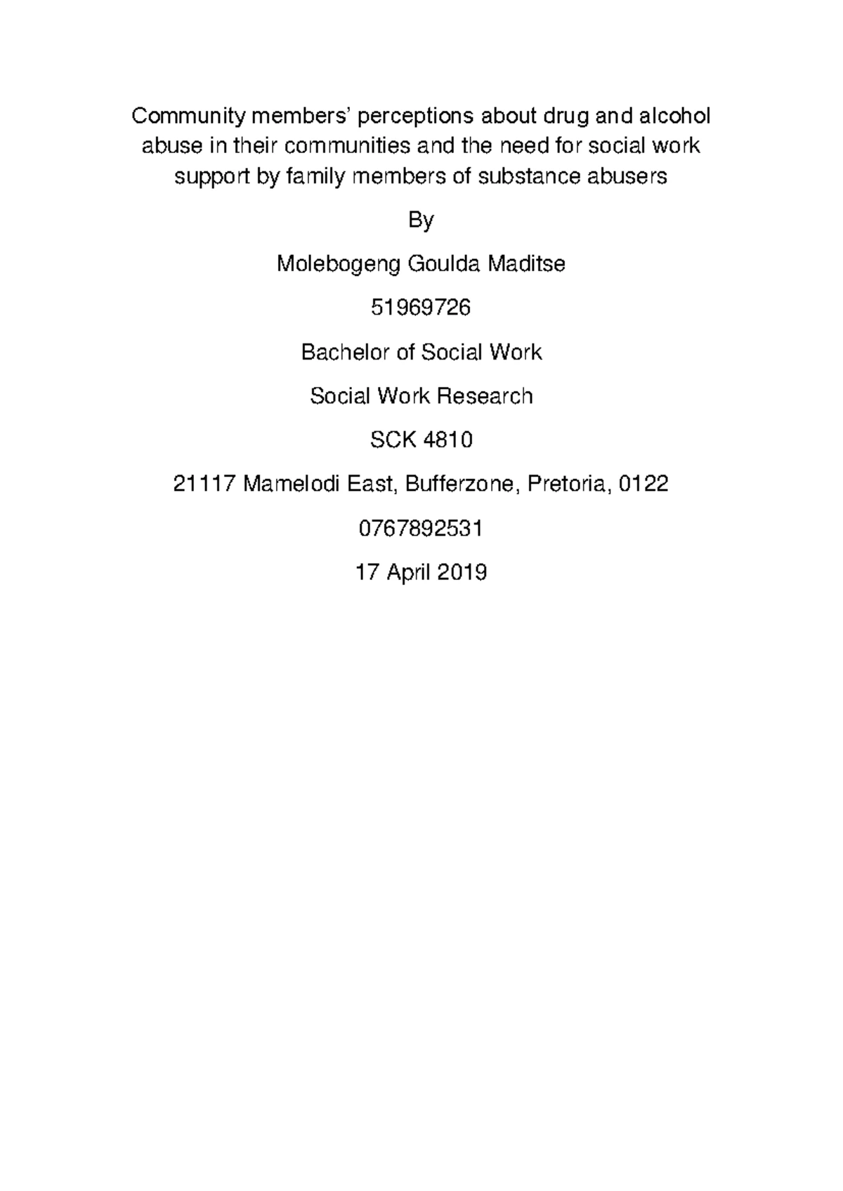 Casework Process Report 01 FOR Client A Final - MODULE CODE: BSW4805 ...