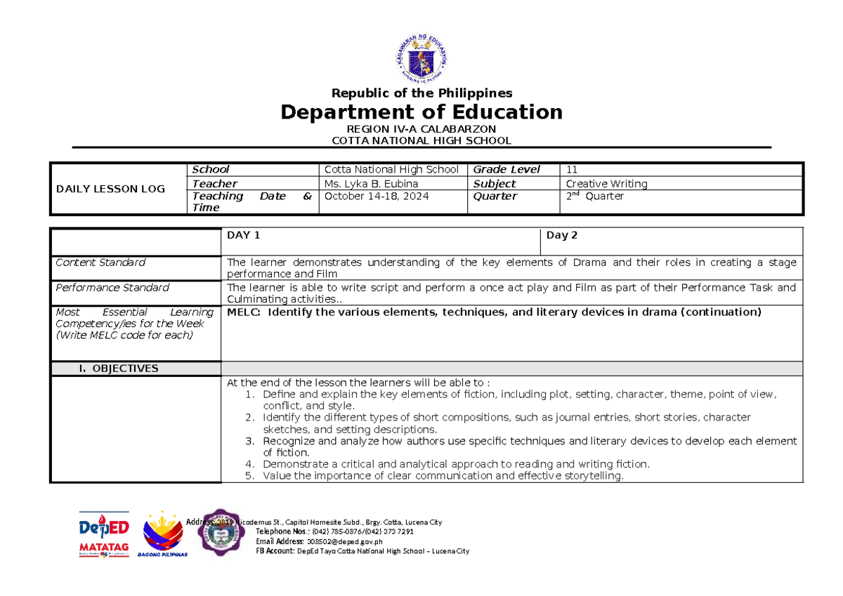 CW-11 Elements of Drama - Creative Writing Lesson Plan - Studocu