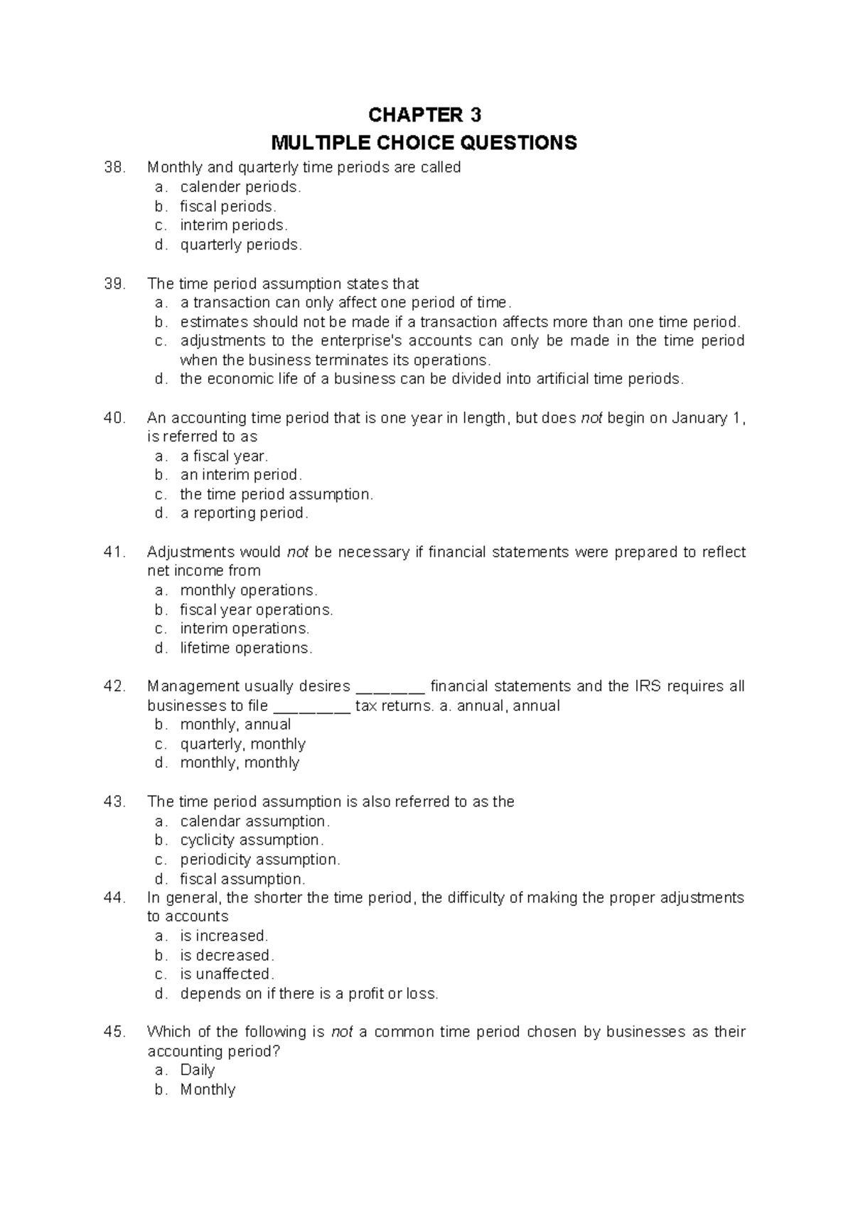 Chapter 3: Multiple Choice Questions on Time Period Assumptions and Adjusting - Studocu