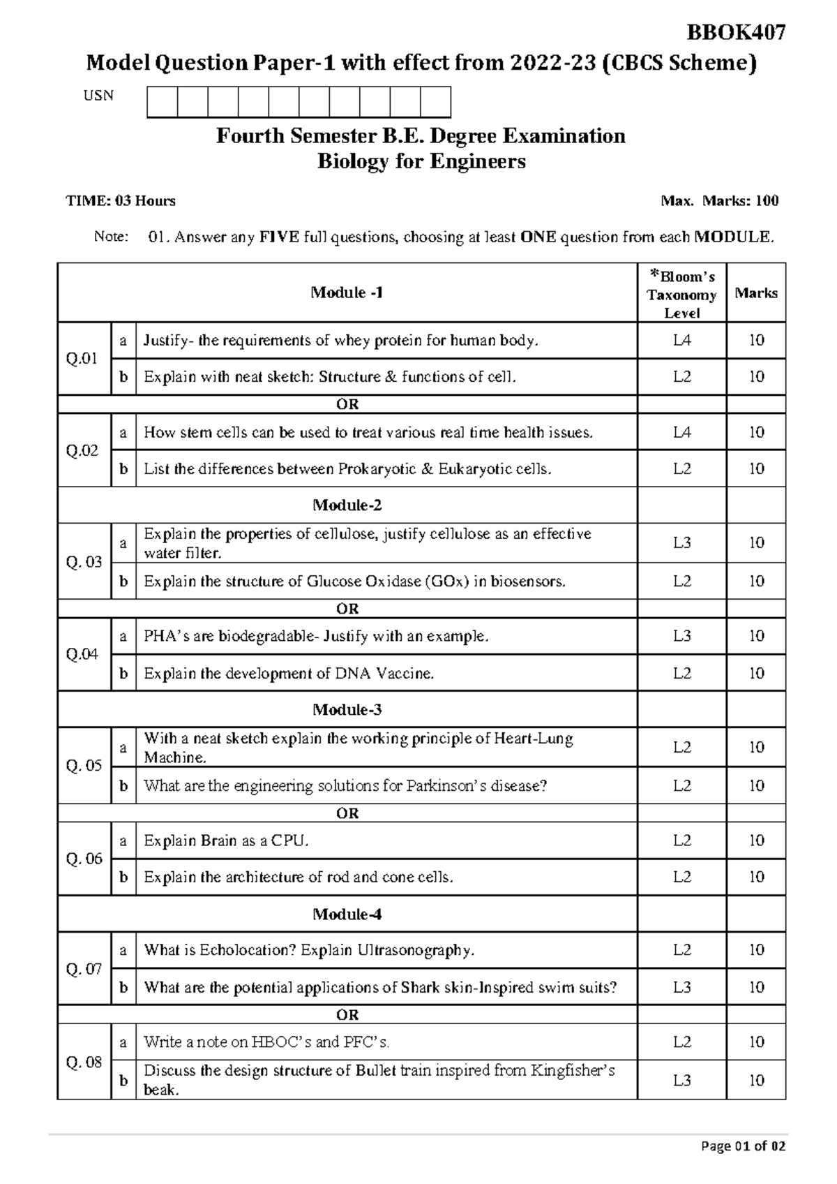 BBOK407 Model Questions for 4th Sem B.E. Biology Exam - Studocu