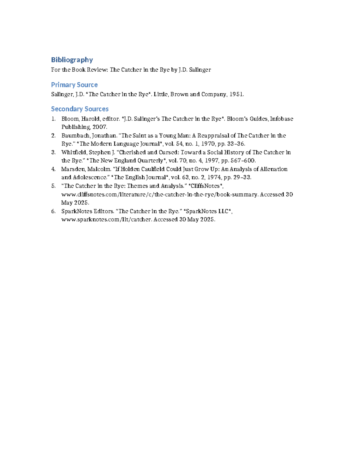 Catcher in the Rye Bibliography: Sources & References - Studocu