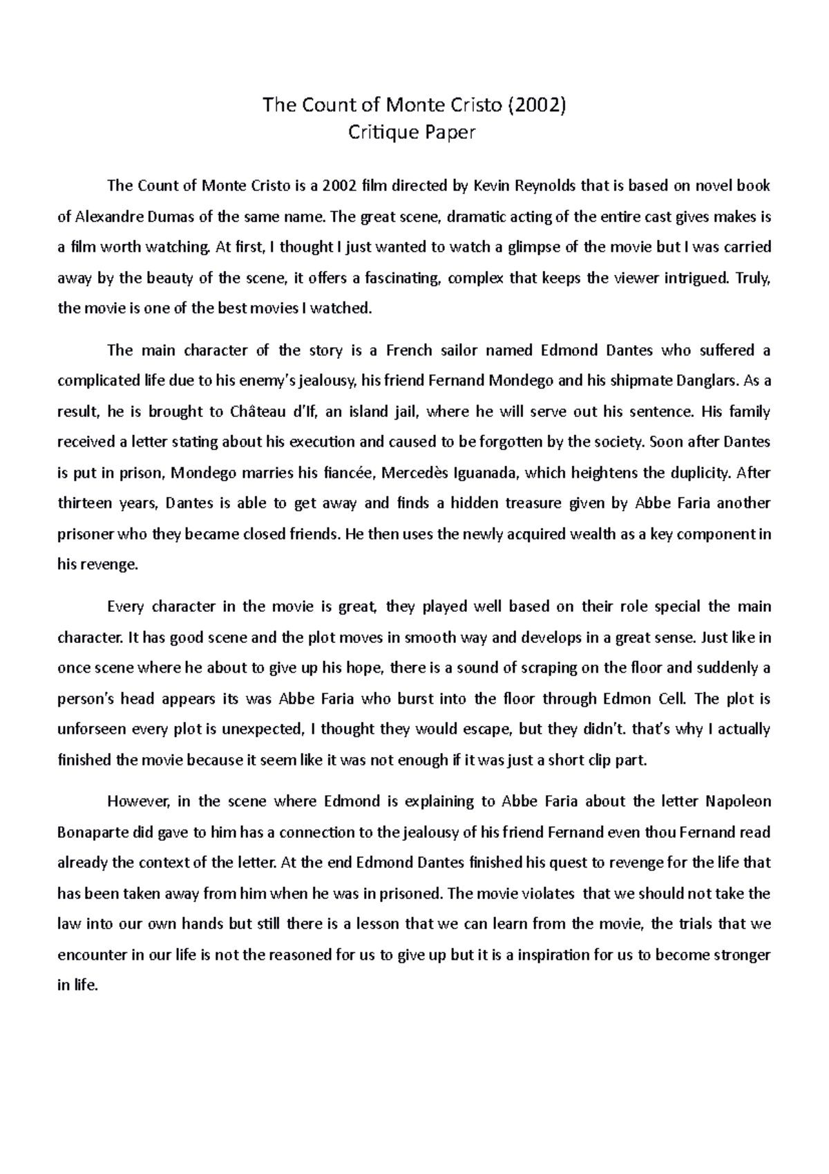Critique Paper on The Count of Monte Cristo (2002) Film Analysis - Studocu