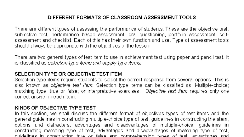Different Formats OF Classroom Assessment Tools - DIFFERENT FORMATS OF ...