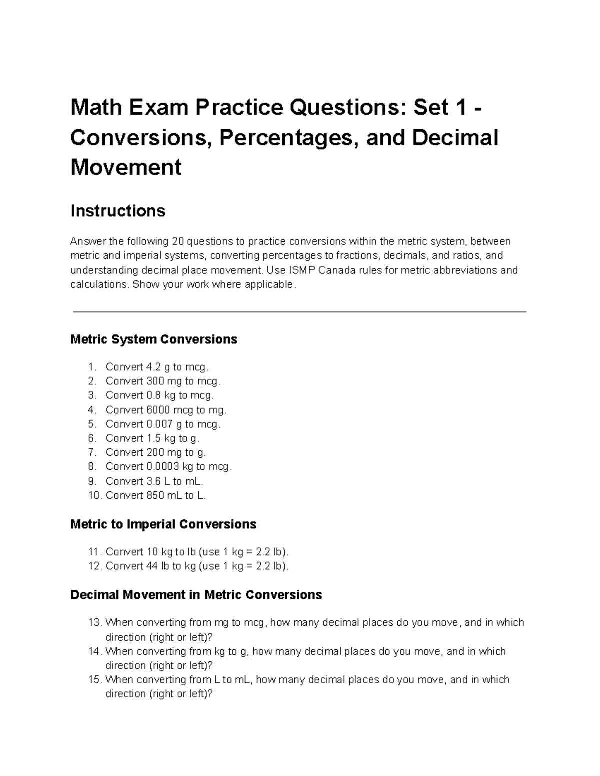 Math 101 Final Exam Practice: Conversions, Percentages & Decimals - Studocu