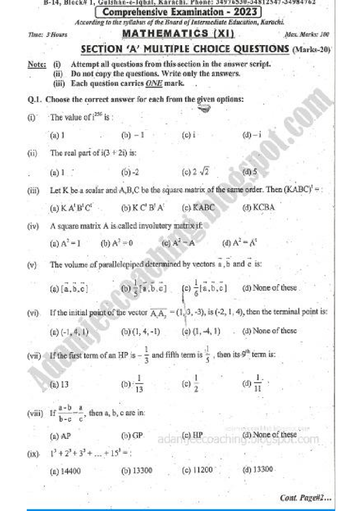 Math XI Guess Papers - Comprehensive Exam 2023 (Sindh Board) - Studocu