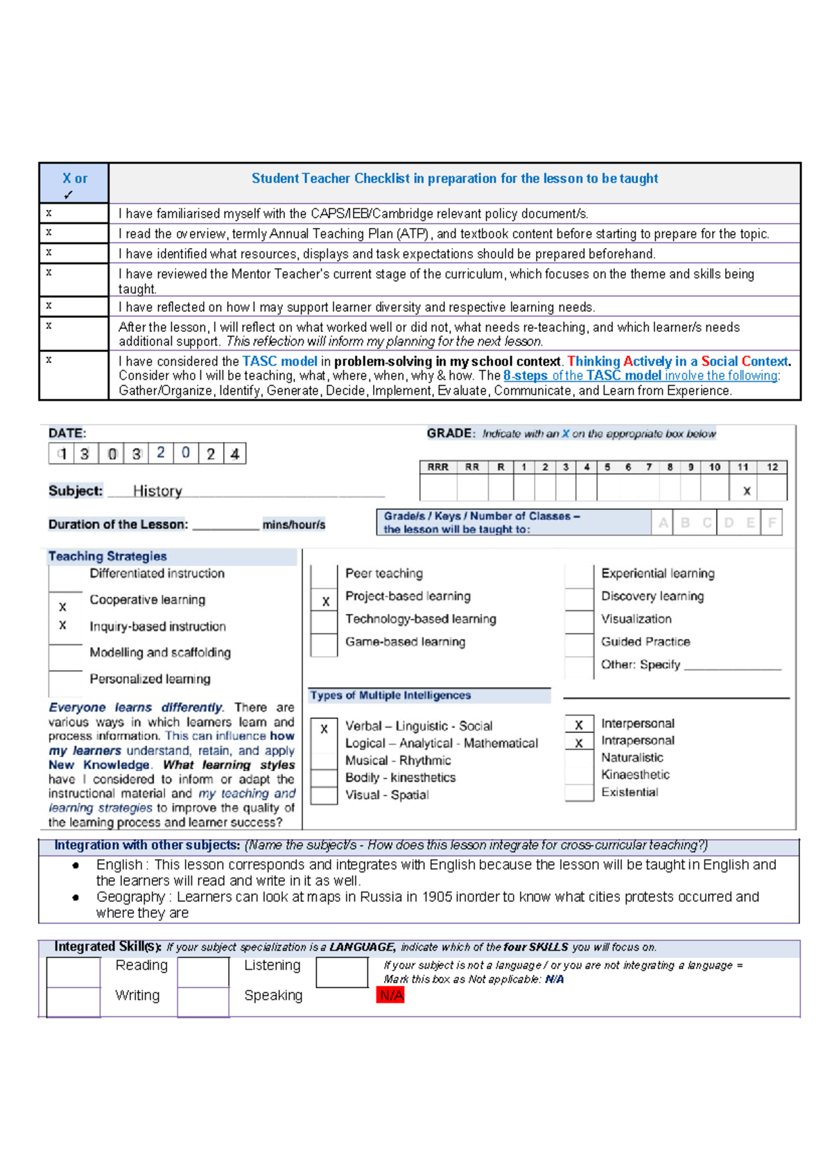 Student Teacher Checklist for Lesson on Communism & 1905 Revolution ...