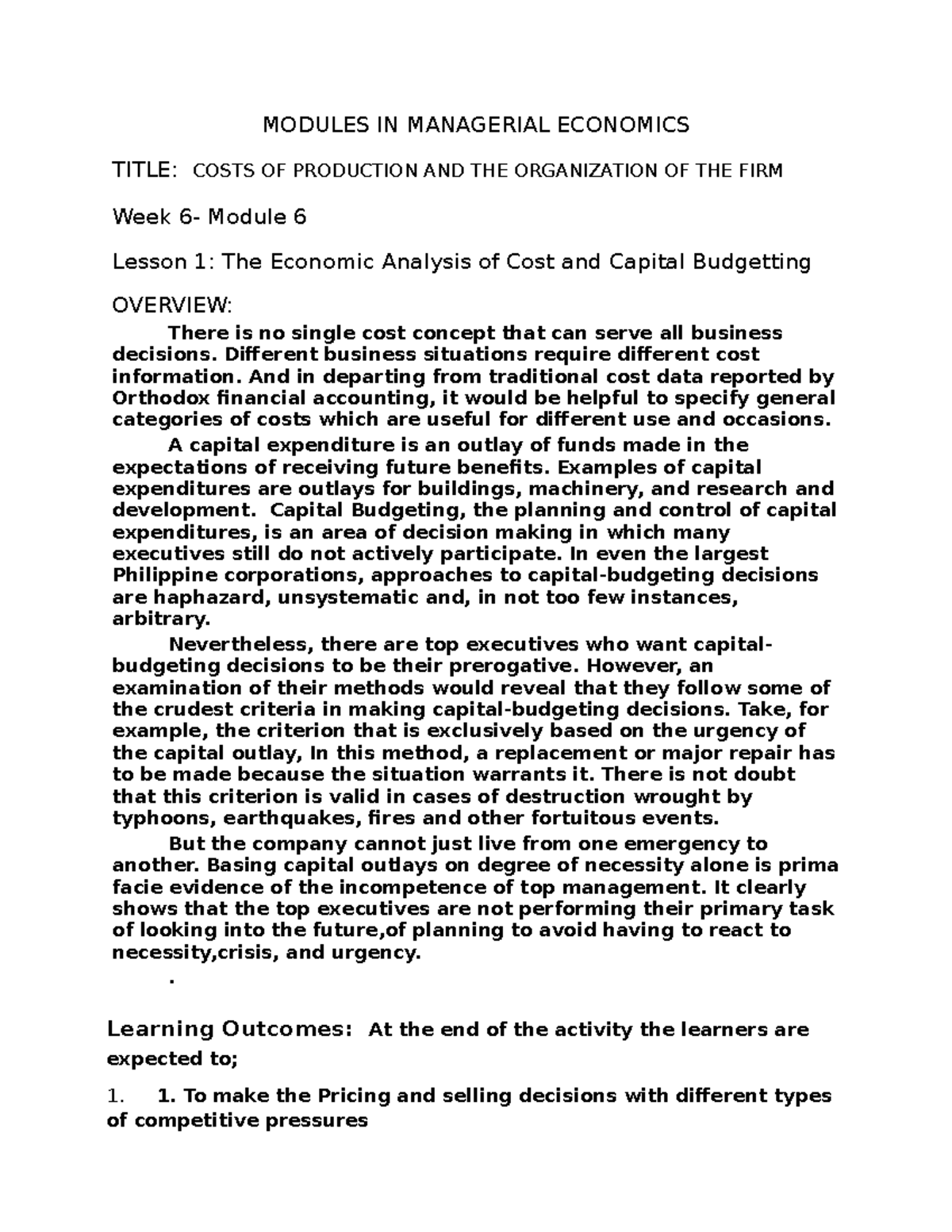 Major 113 Module 6%20 - Economics - MODULES IN MANAGERIAL ECONOMICS ...