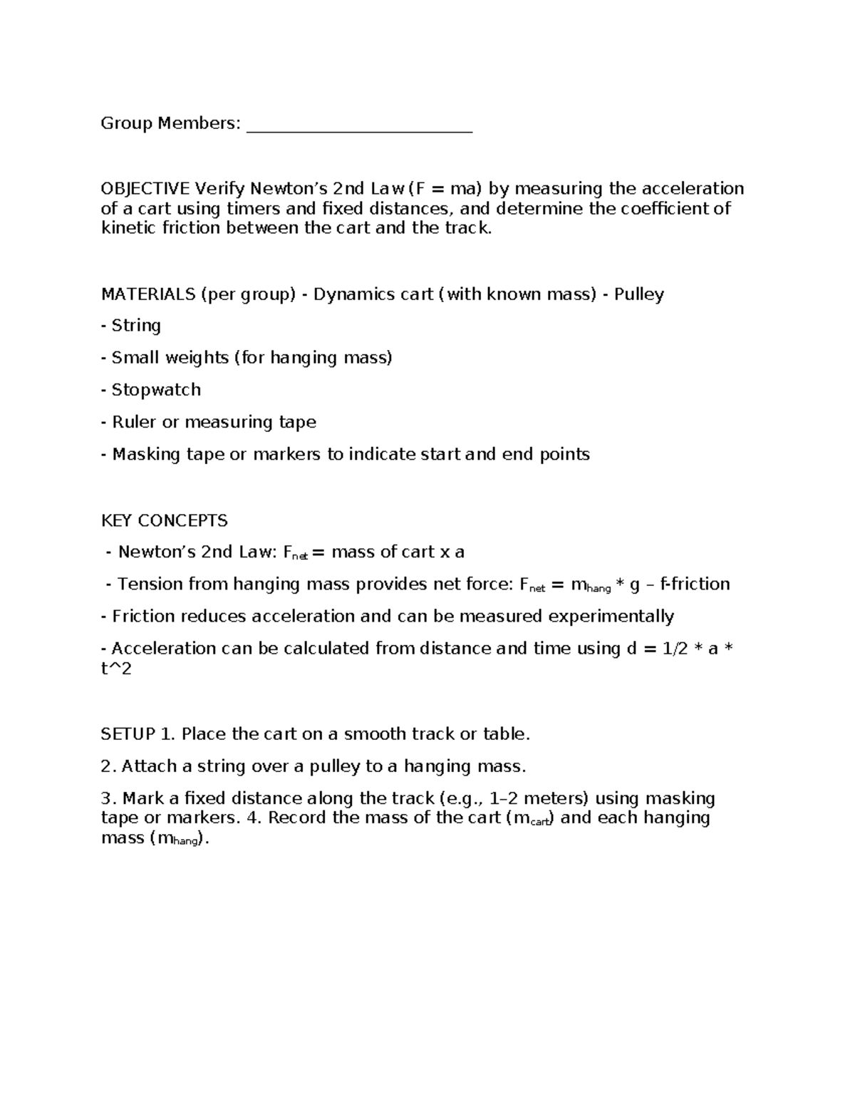 Newtons 2nd Law Lab (PHYS 101): Measuring Acceleration & Friction - Studocu