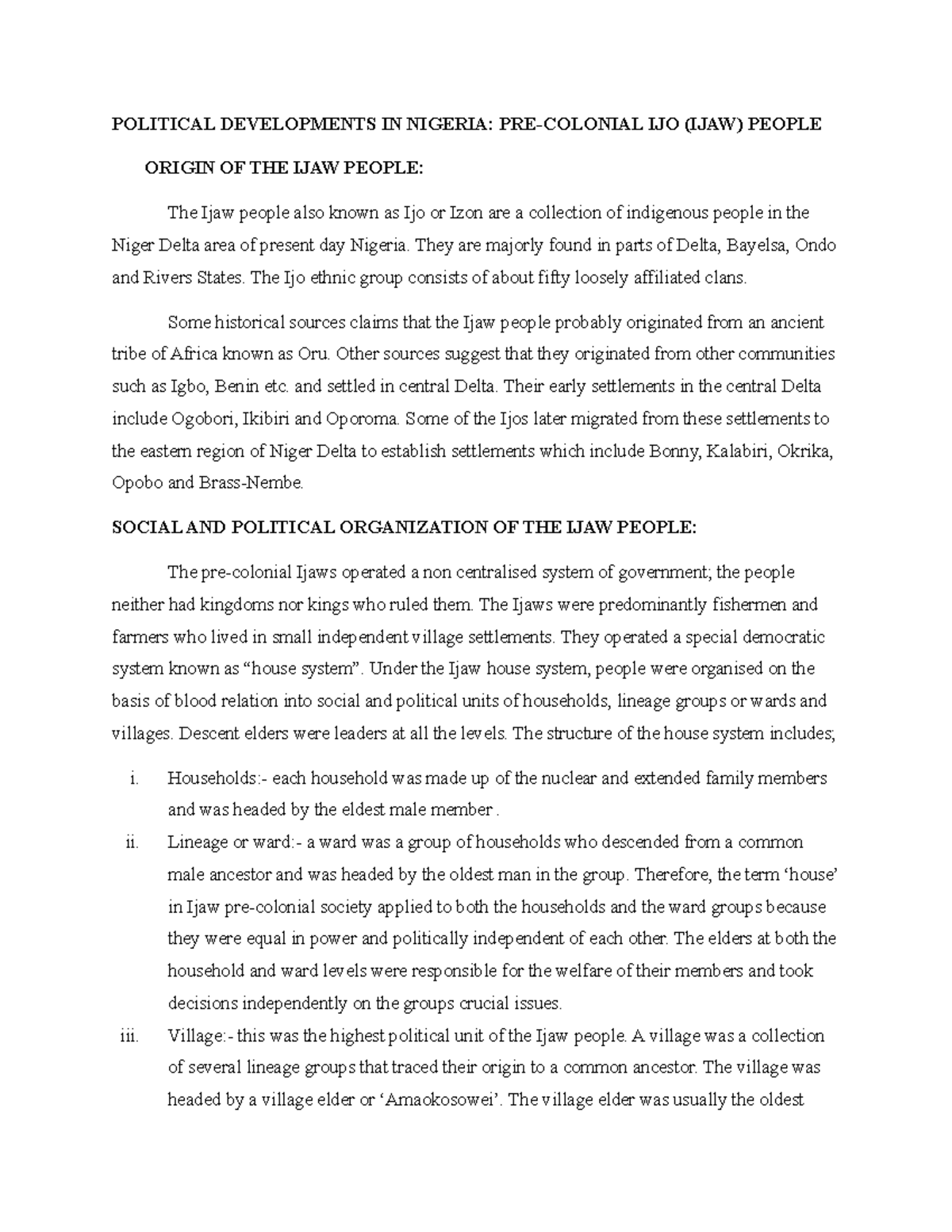 History NOTE ON THE Origin OF THE Ijaw (Ijaw) People - Studocu