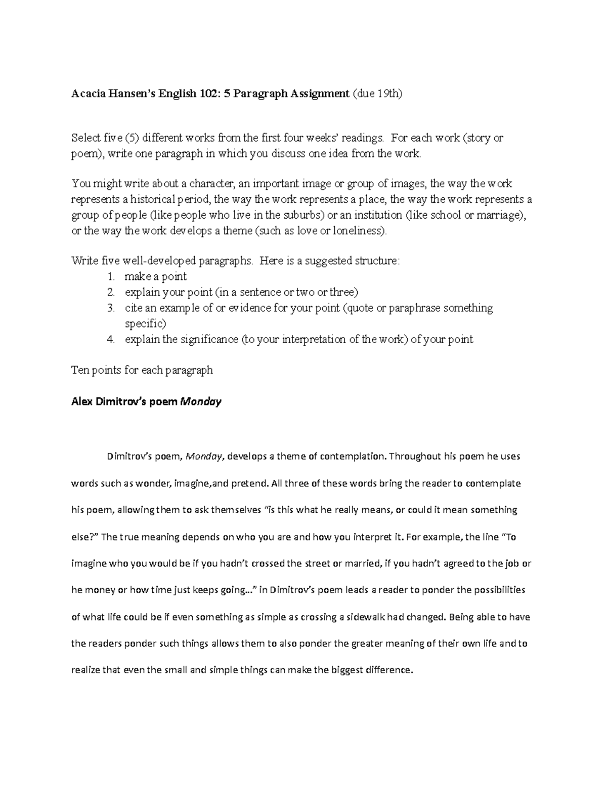 English 102: 5-Paragraph Assignment on Selected Works Analysis - Studocu
