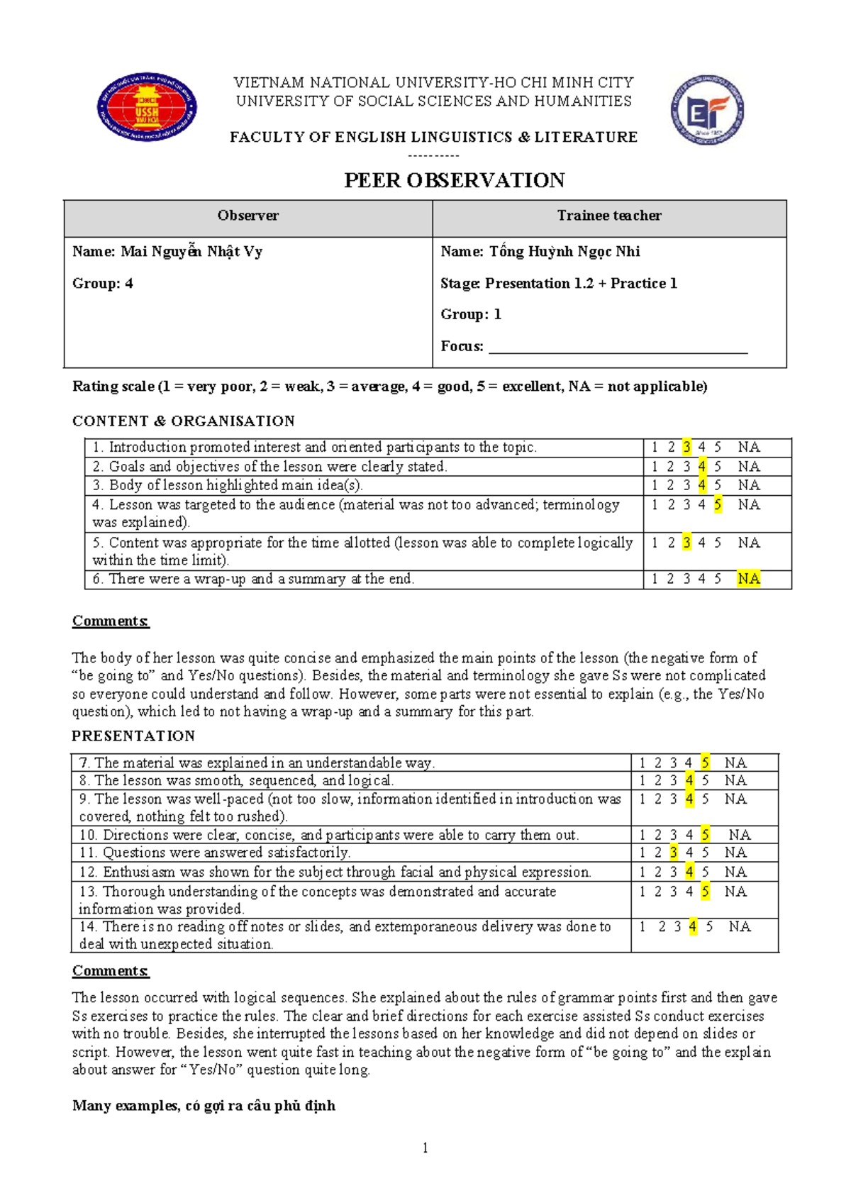 Peer Observation Form - Đánh Giá Chất Lượng Giảng Dạy - Studocu