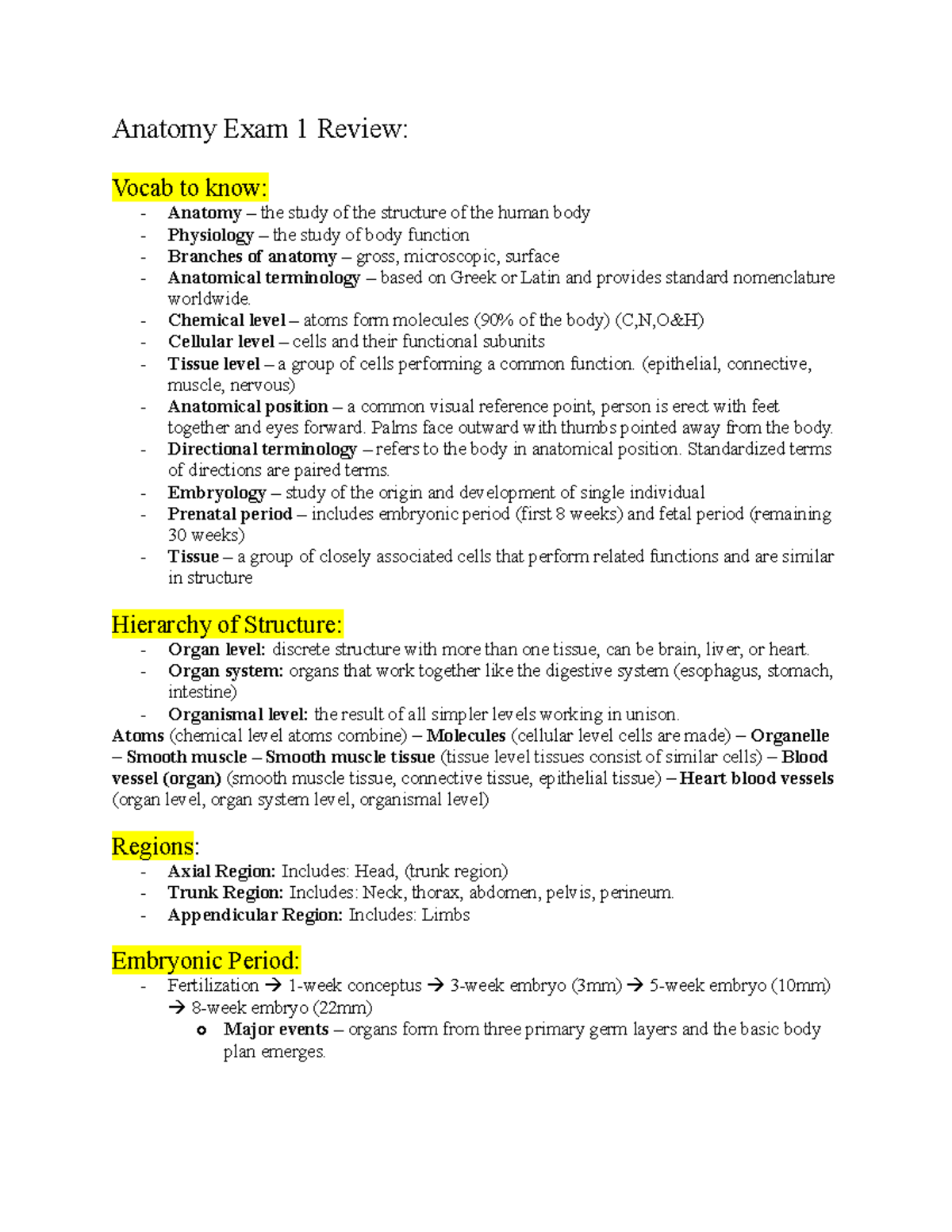 Anatomy 101 Exam 1 Review: Key Concepts & Definitions - Studocu