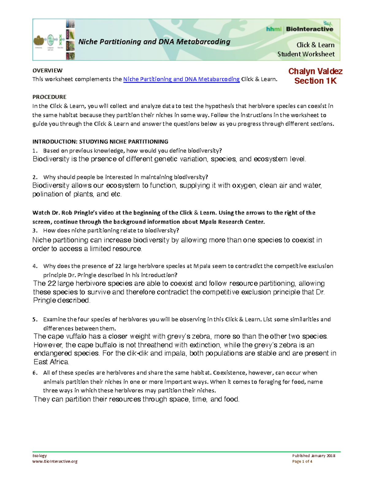 Niche Partitioning & DNA Metabarcoding: Student WS-CL Document - Studocu