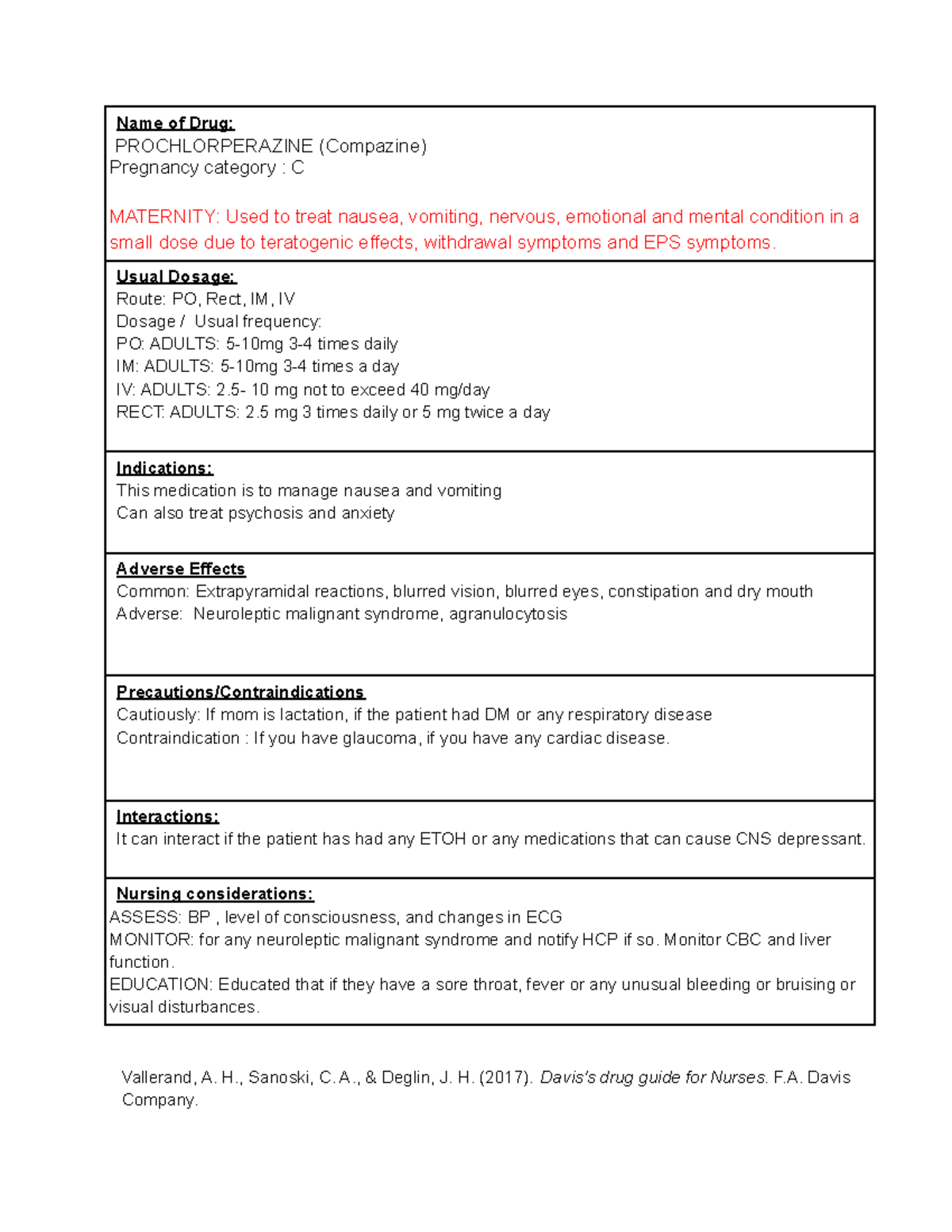 Prochlorperazine (Compazine) Overview & Nursing Considerations - Studocu