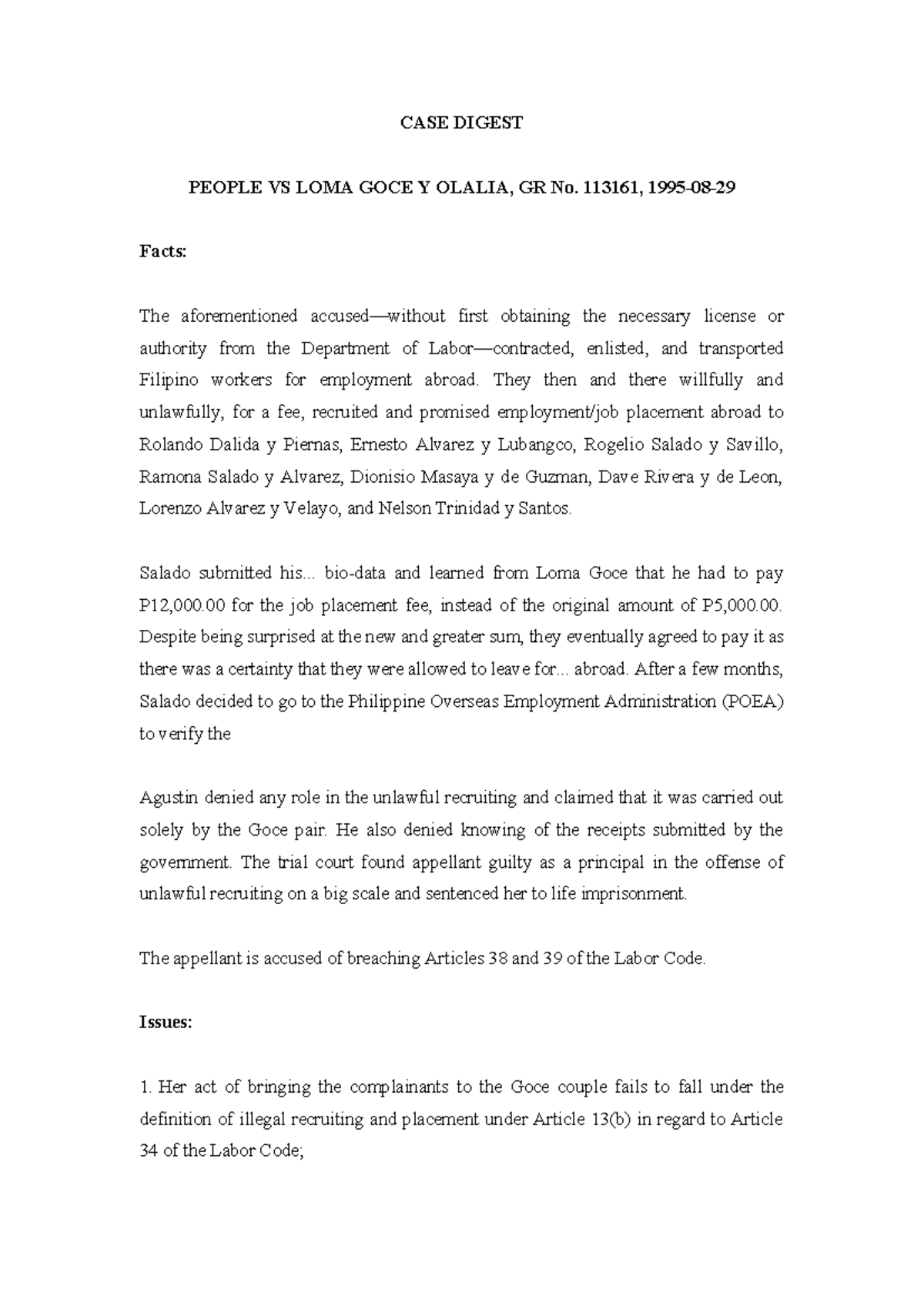 Case Digest: People vs Loma Goce & Domingo - Unlawful Recruiting ...