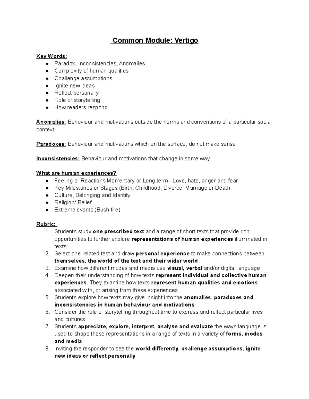 Common Module: Human Experience and Themes in Vertigo Analysis - Studocu