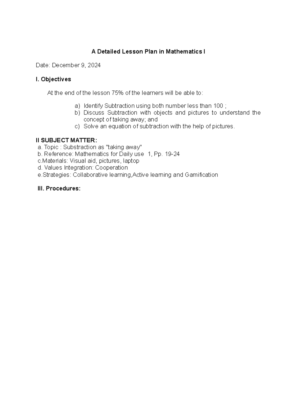 MATH-DEMO-Benjie - Final demo in math 1 subtraction - A Detailed Lesson Plan in Mathematics I ...