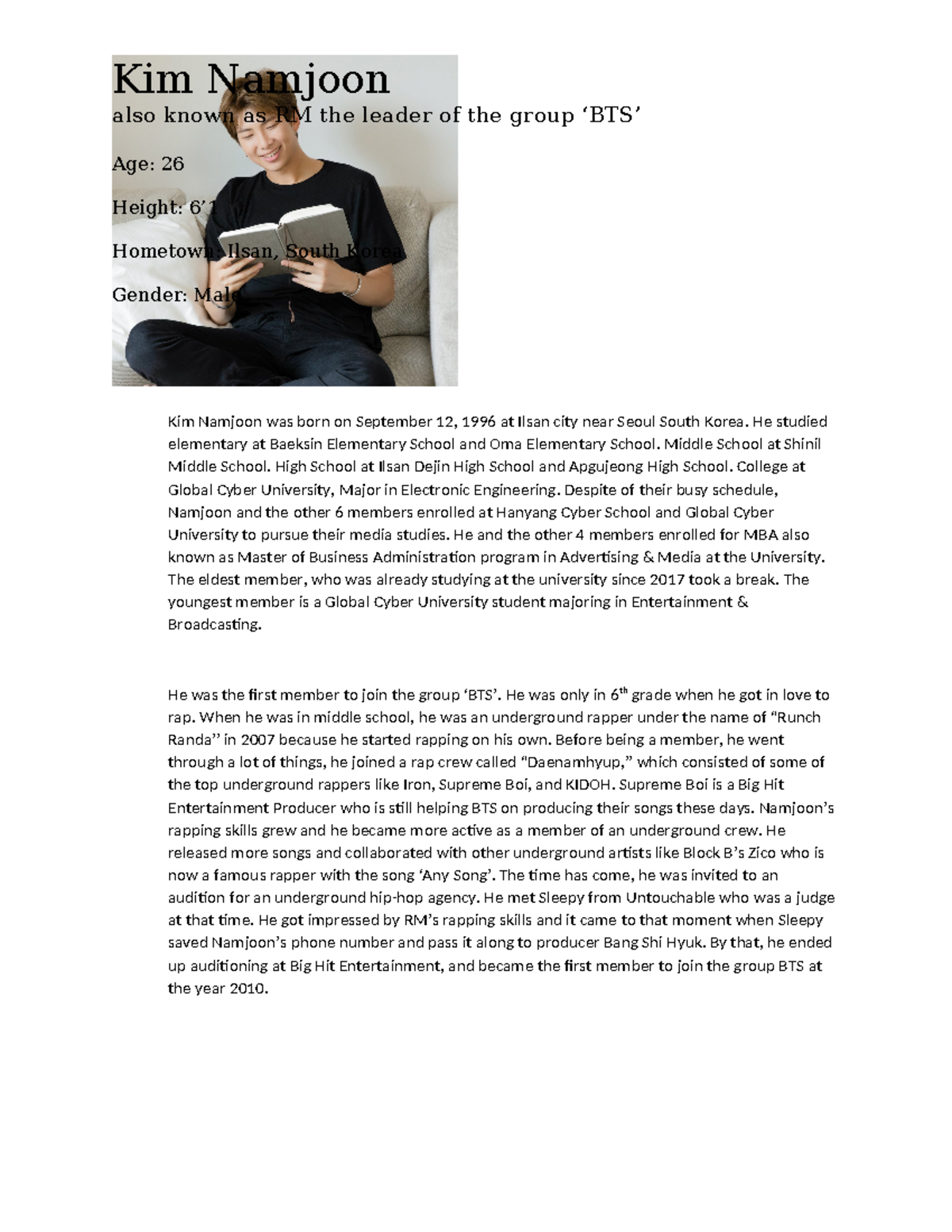 Biograpbhy - Kim Namjoon also known as RM the leader of the group ‘BTS ...