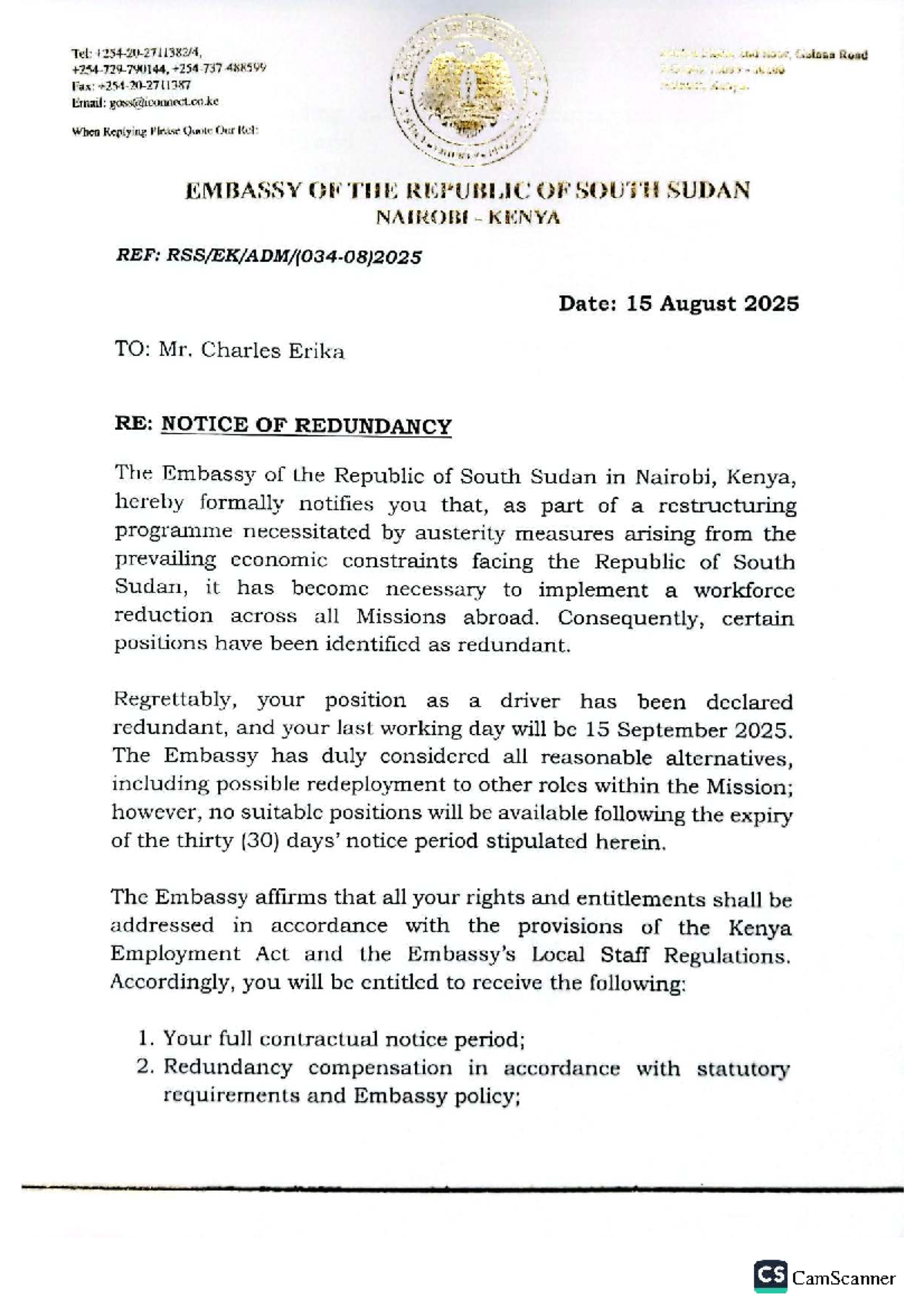 Notice of Redundancy for Mr. Charles Erika - Embassy of South Sudan ...