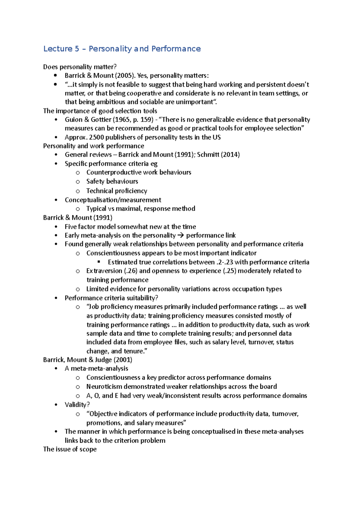 PSY391 Lecture 5 - Lecture 5 – Personality and Performance Does ...
