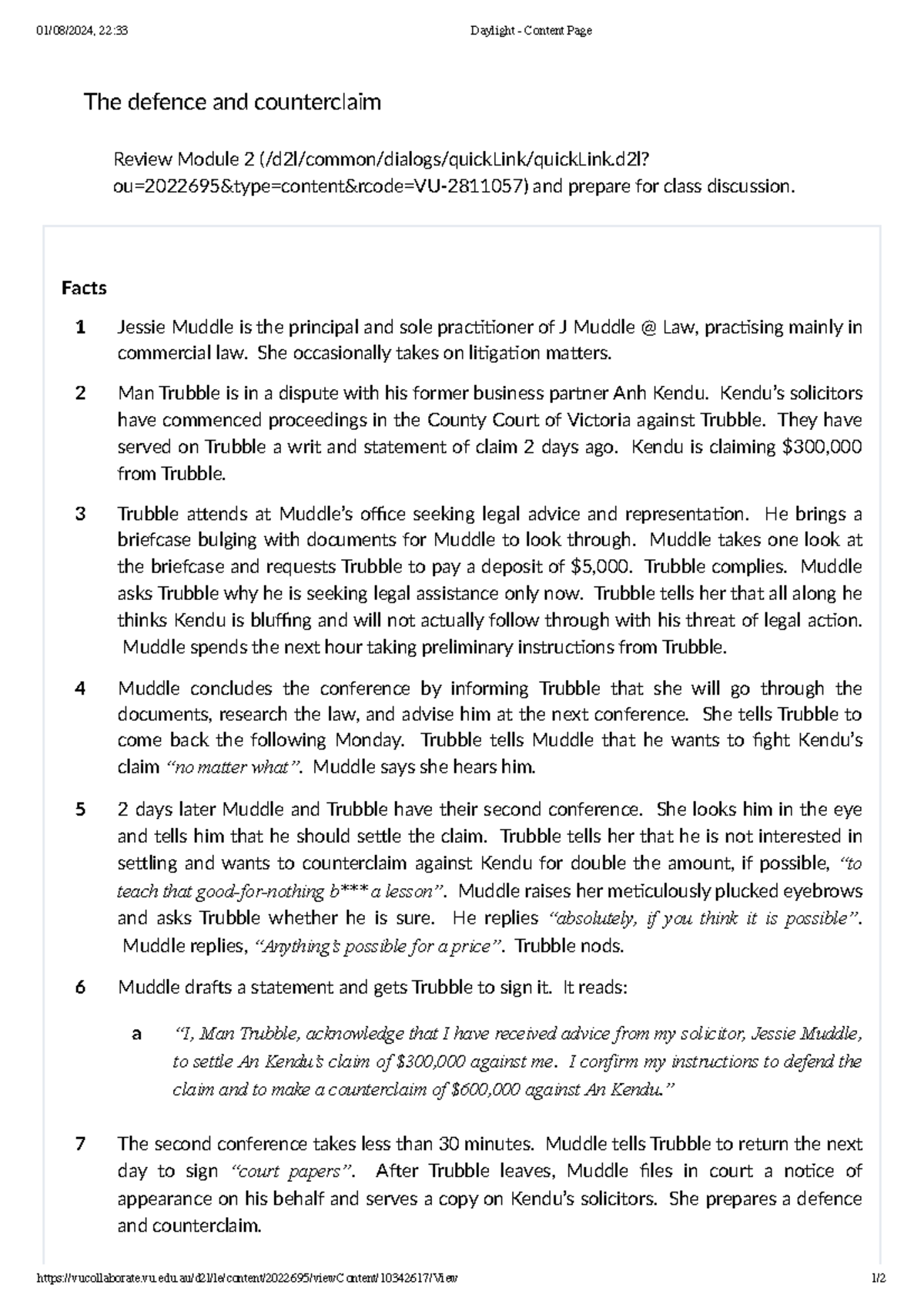 Tutorial 3 The defence and counterclaim - (LLW3009) Lawyers' Ethics and ...