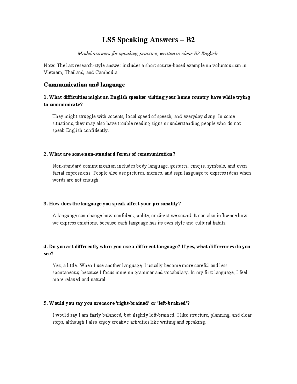 LS5 Speaking B2 Model Answers for Communication Practice - Studocu