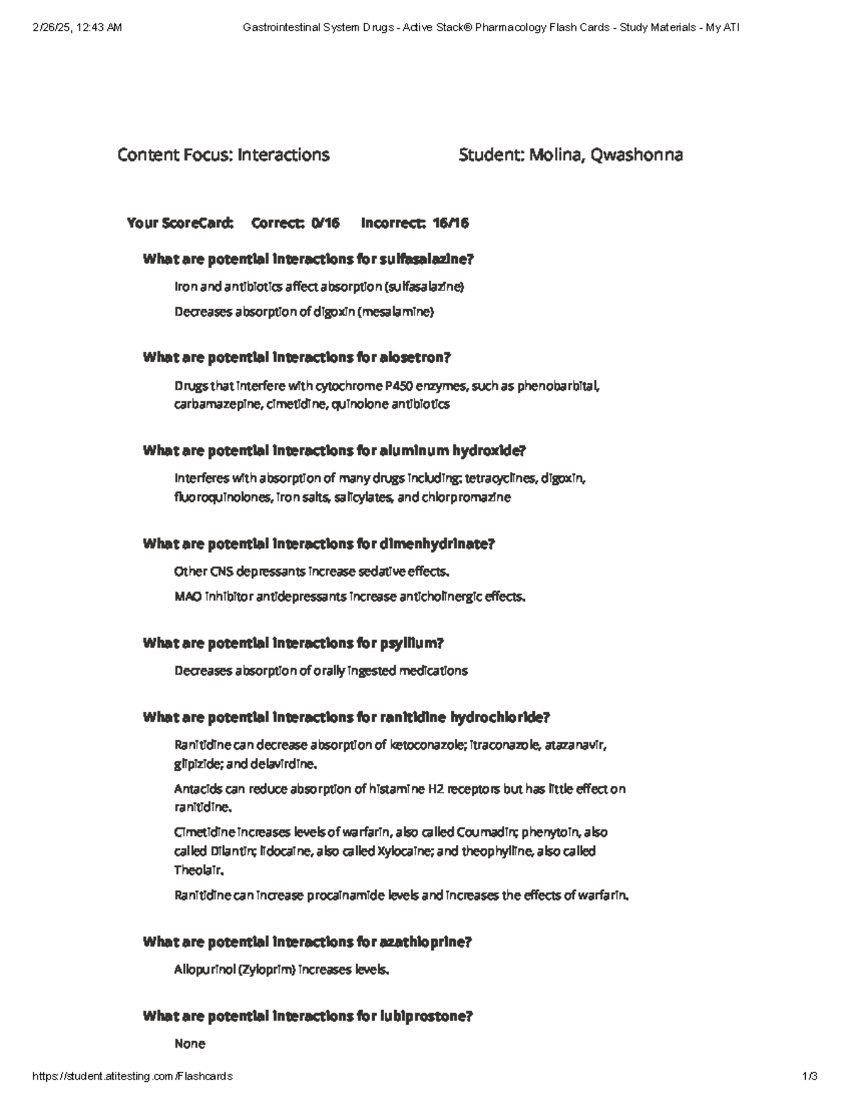 ATI Pharmacology Flash Cards: Gastrointestinal Drug Interactions Study ...