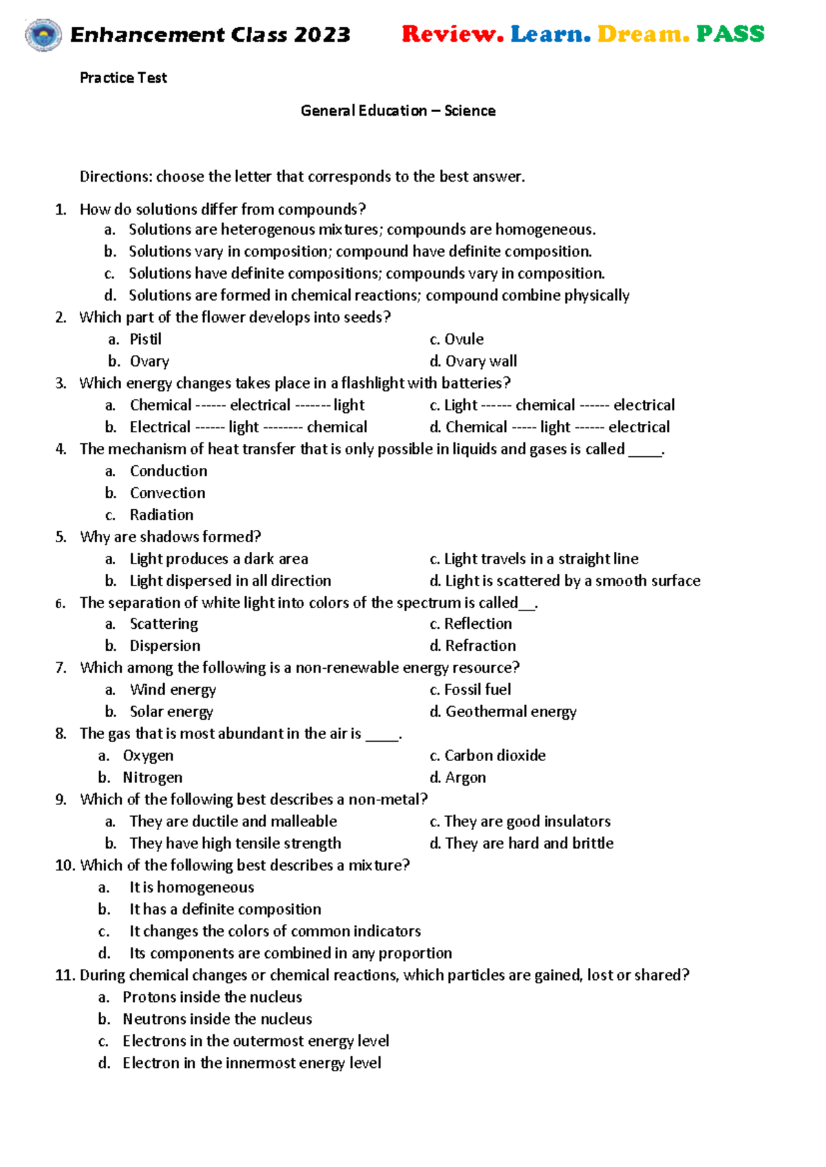 Enhancement Class 2023: General Ed Science Practice Test Drill 2 - Studocu