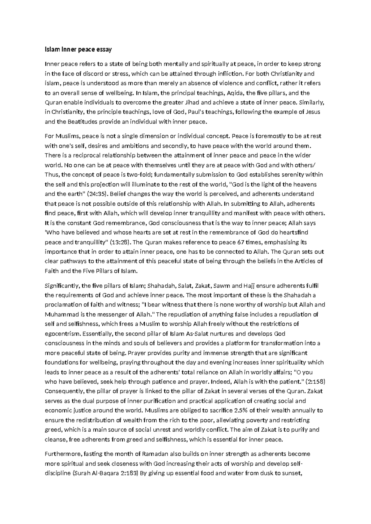 Islam and Christianity: Inner Peace Essay Analysis - Studocu