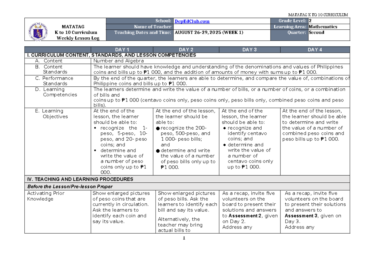 DLL Matatag Mathematics 2 Q2 Week 1 Lesson Log - Studocu