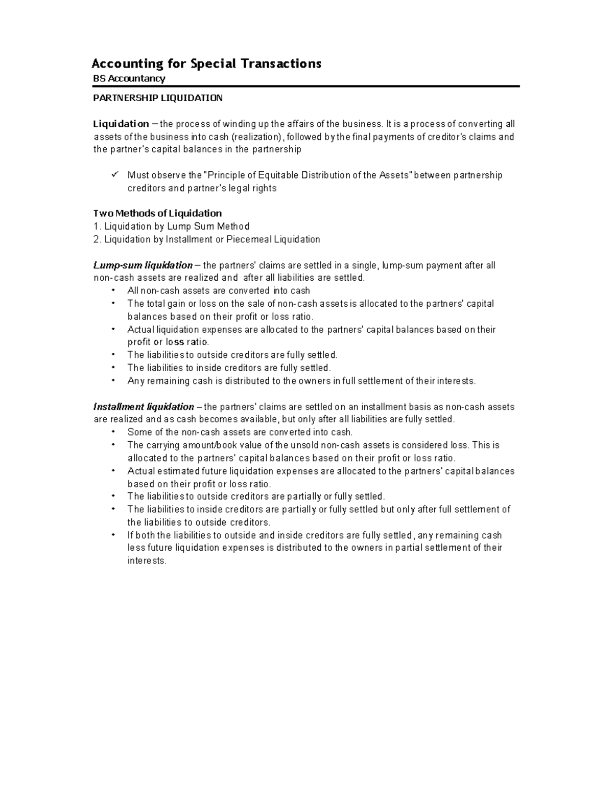 Partnership Liquidation: Comprehensive Notes for BS Accountancy - Studocu