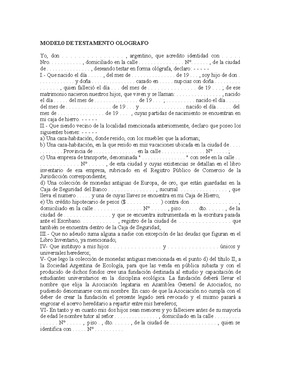 Modelo de Testamento Ológrafo Argentino: Ejemplo y Estructura - Studocu