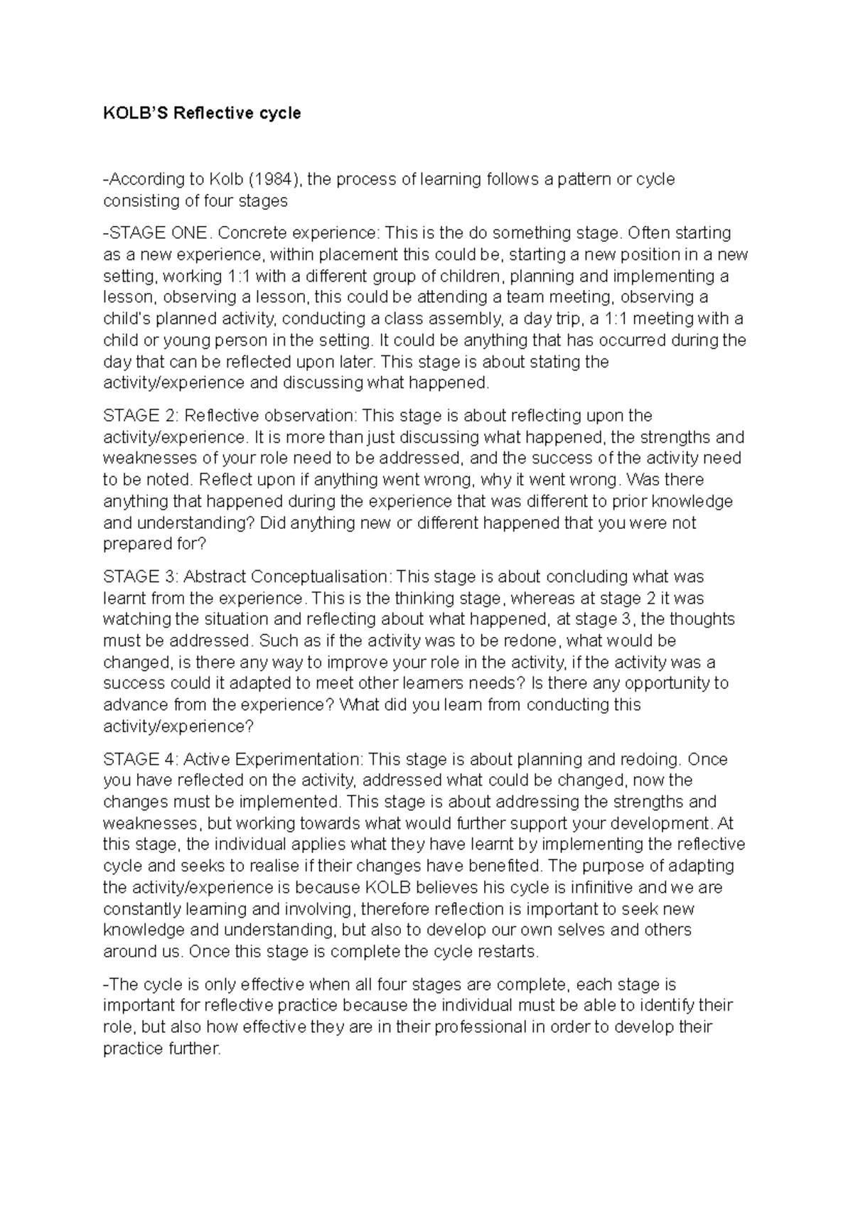 KOLB's Reflective cycle - KOLB’S Reflective cycle According to Kolb ...