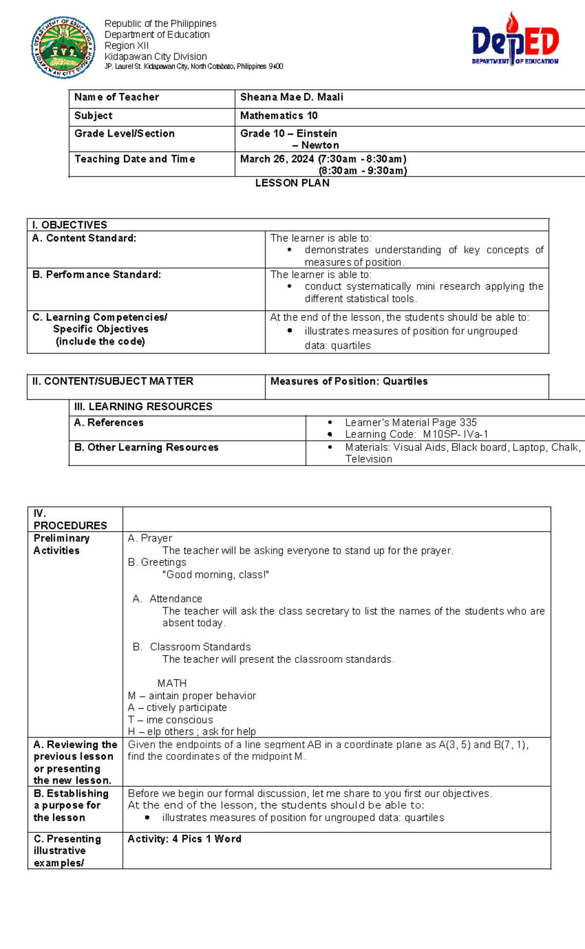 Mathematics 10 Lesson Plan: Understanding Quartiles and Their ...