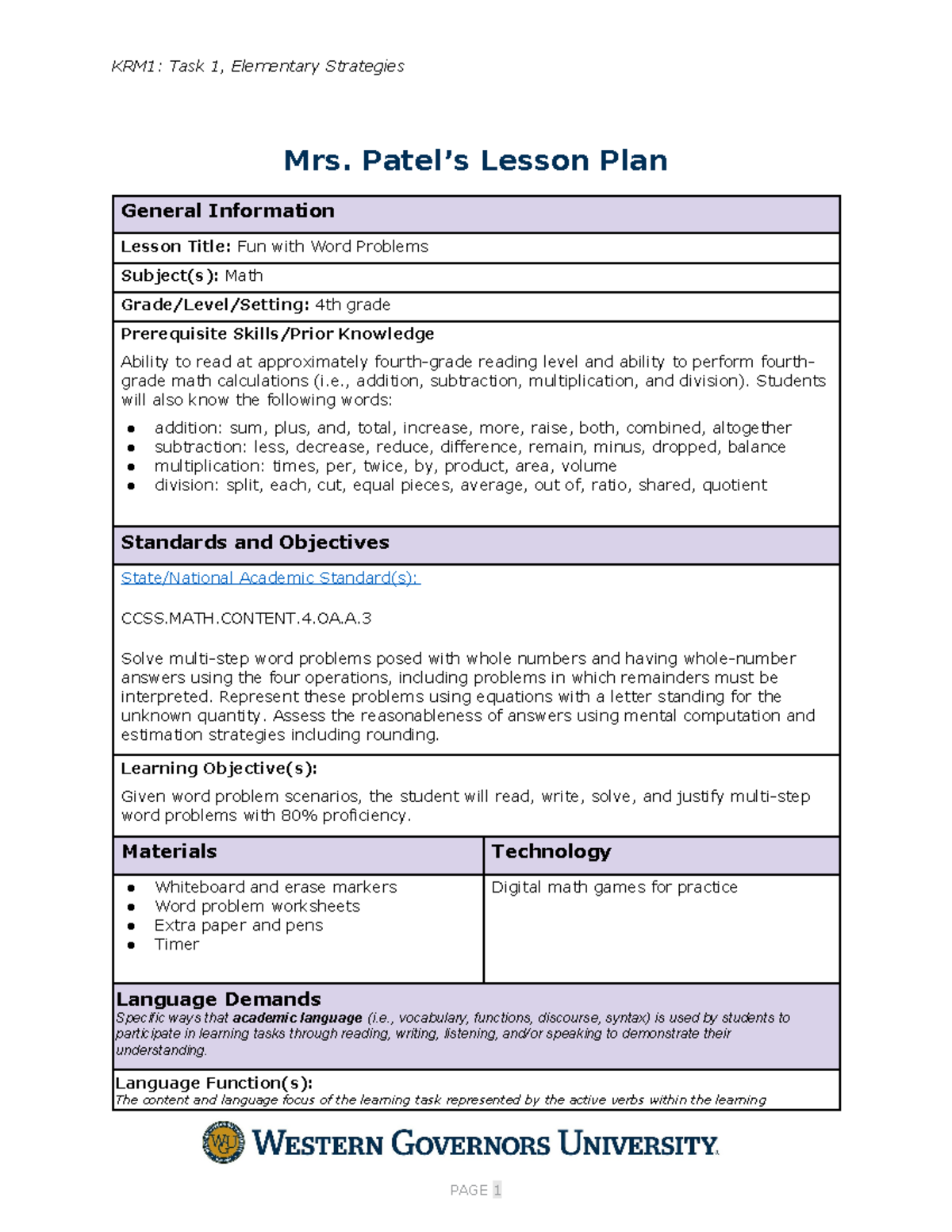 KRM1: Lesson Plan on Multi-Step Word Problems for 4th Grade Math - Studocu