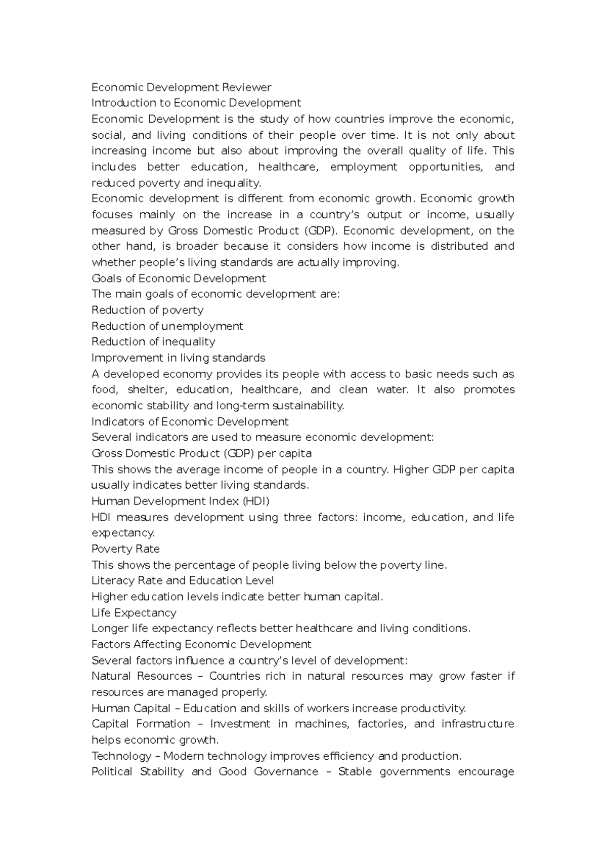 Economic Development Review: Key Concepts & Indicators - Studocu