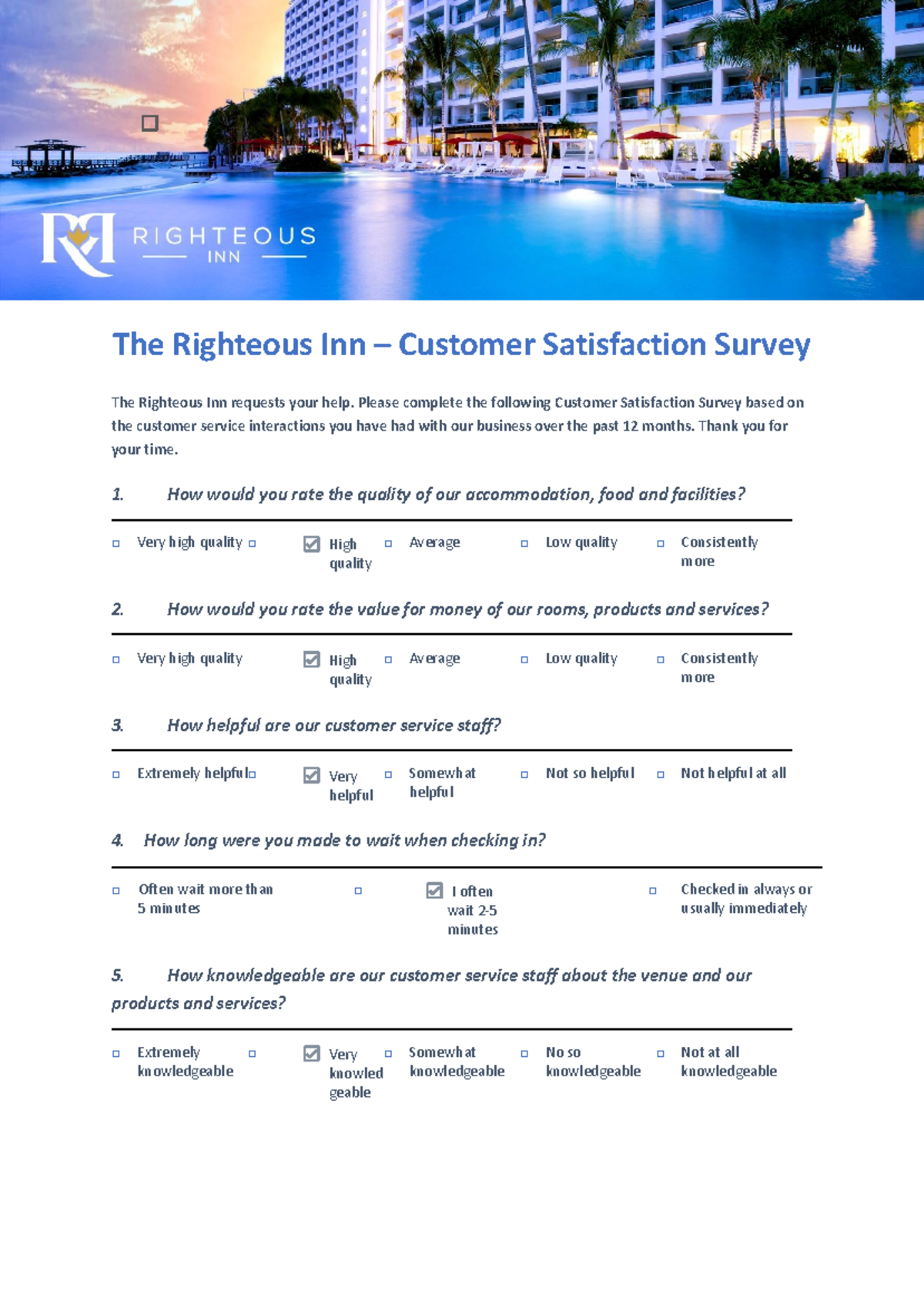 The Righteous Inn – Customer Satisfaction Survey Feedback Form - Studocu