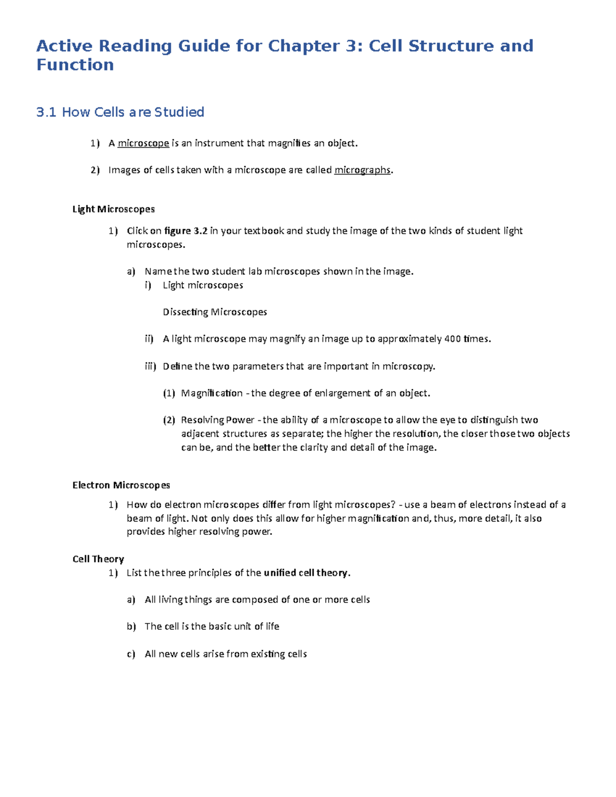 Chapter 3 Active Reading Guide: Cell Structure & Function - Studocu